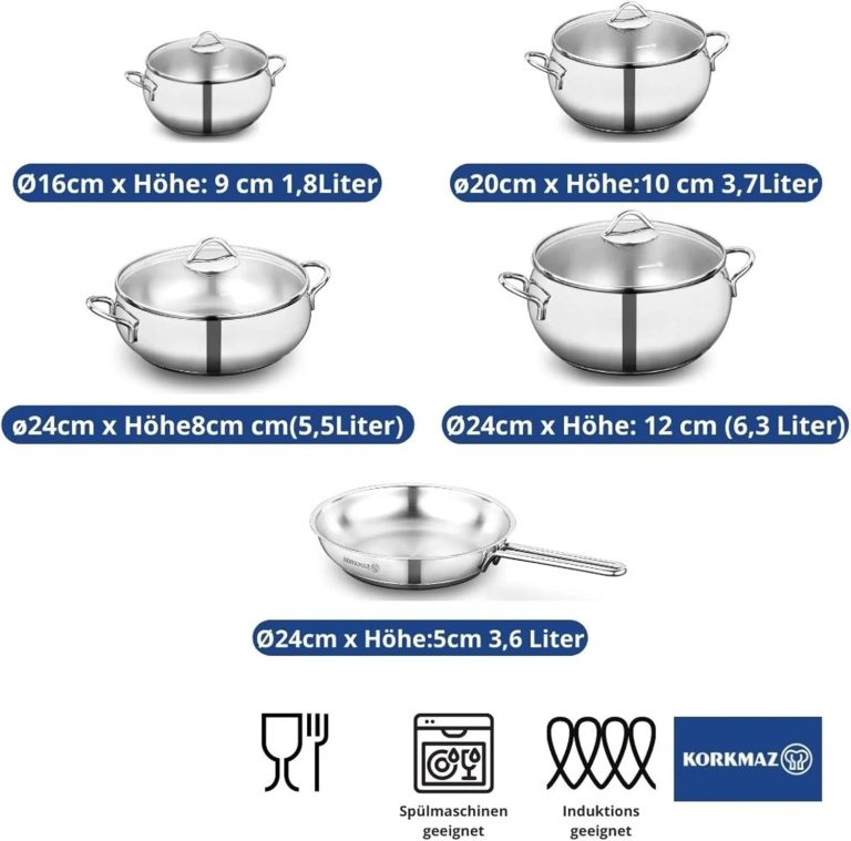 Korkmaz Tombik 9 Pieces Stainless Steel Cookware Set, Induction Base ...